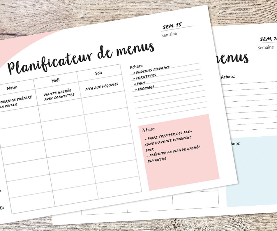 Le planning de menus hebdomadaire pour les familles offre des idées de ...